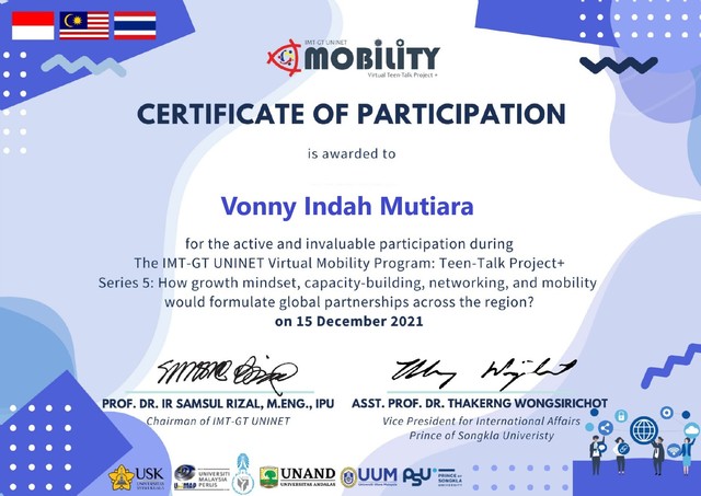 Sertifikat IMT-GT UNINET Virtual Mobility Program Teen Talk Project+ Series 6 - Document ...
